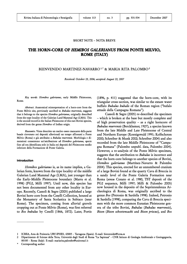 (PDF) The horn-core of Hemibos Galerianus from Ponte Milvio, Rome (Italy)