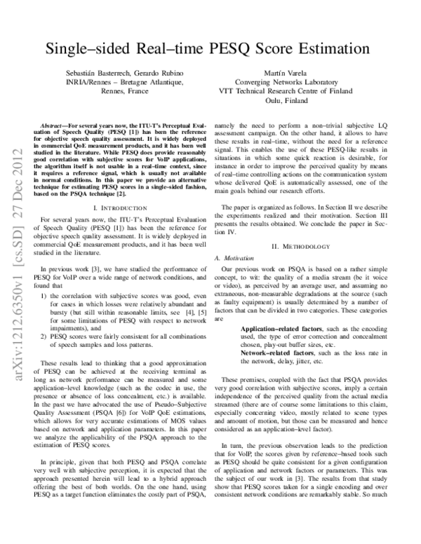 (PDF) Single-sided Real-time PESQ Score Estimation