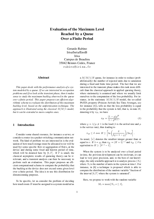 (PDF) Evaluation of the maximum level reached by a queue over a finite ...