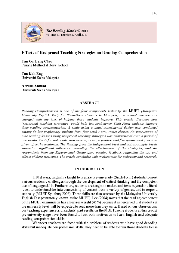 (PDF) Effects of Reciprocal Teaching Strategies on Reading Comprehension