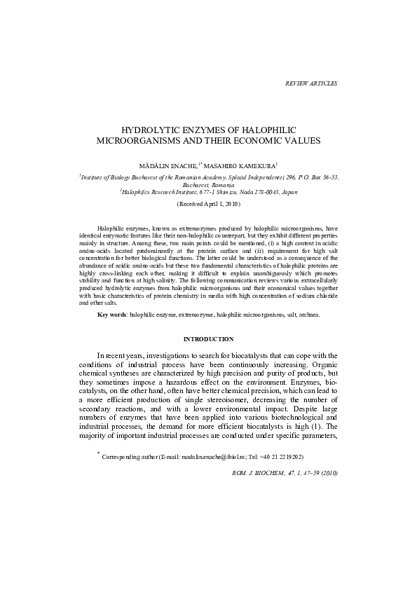 (PDF) Hydrolytic enzymes of halophilic microorganisms and their economic values
