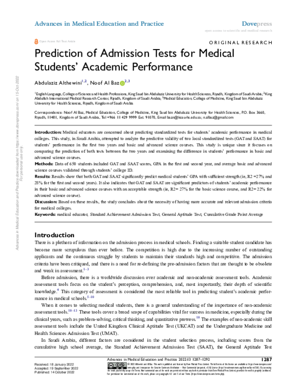 (PDF) Prediction of Admission Tests for Medical Students’ Academic ... (PDF) Prediction of Admission Tests for Medical Students’ Academic ...