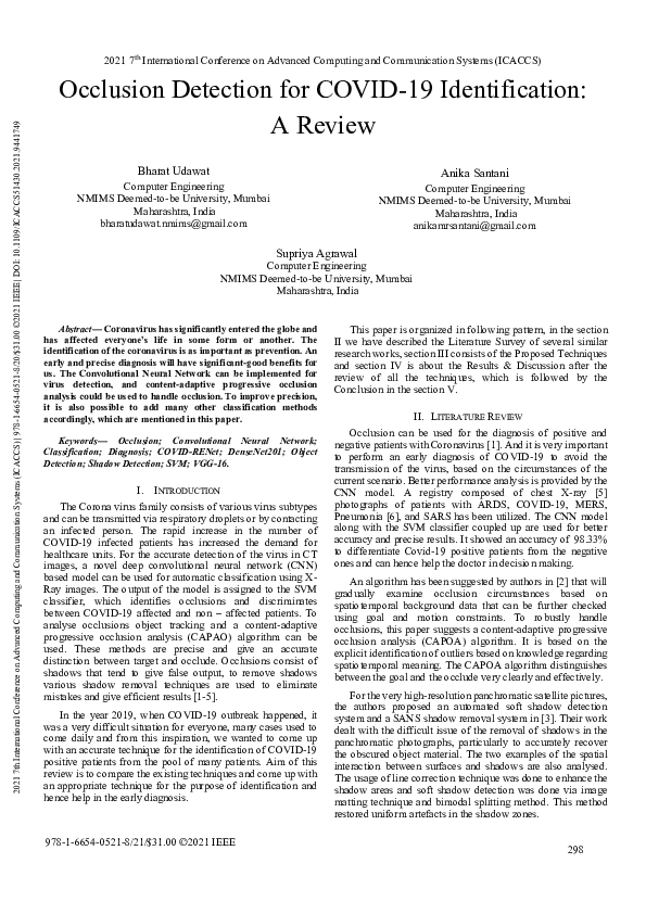 (PDF) Occlusion Detection for COVID-19 Identification: A Review | Supriya Agrawal - Academia.edu