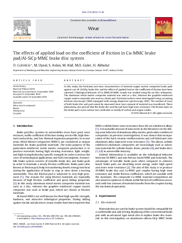 The effects of applied load on the coefficient of friction in Cu-MMC ...