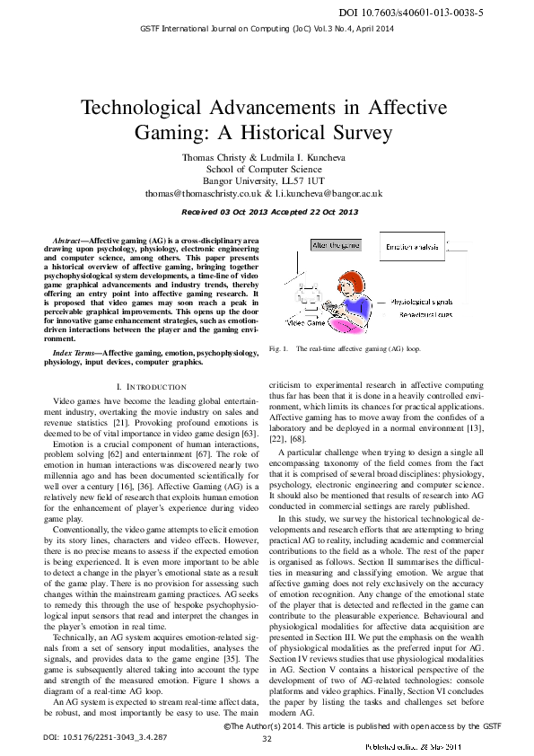 (PDF) Technological Advancements in Affective Gaming: A Historical Survey