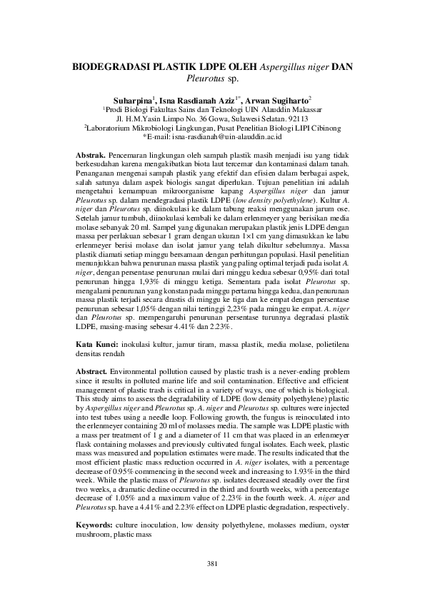 (PDF) BIODEGRADASI PLASTIK LDPE OLEH Aspergillus niger DAN Pleurotus sp