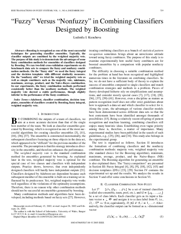 Pdf Fuzzy Versus Nonfuzzy In Combining Classifiers Designed By Boosting