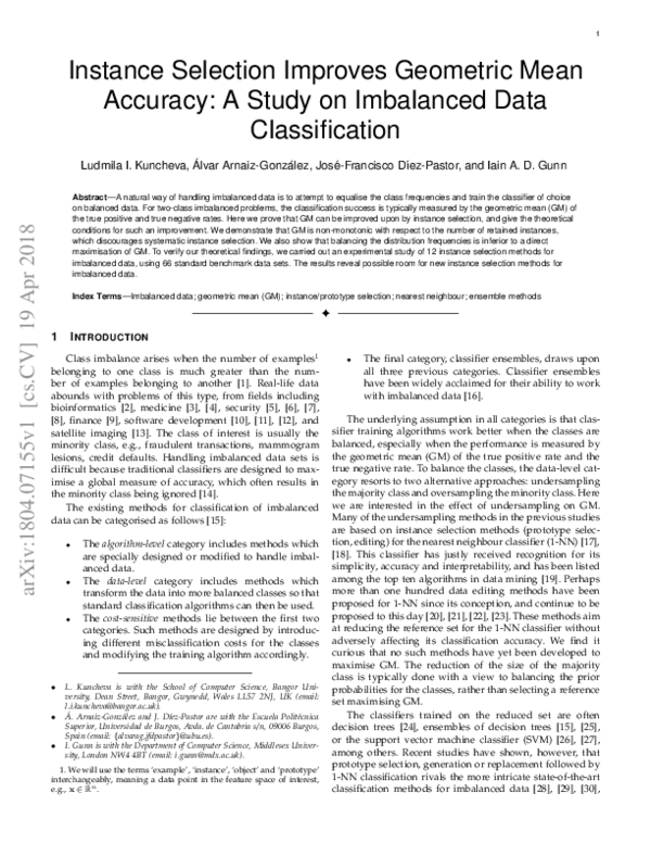 (PDF) Instance selection improves geometric mean accuracy: a study on imbalanced data classification
