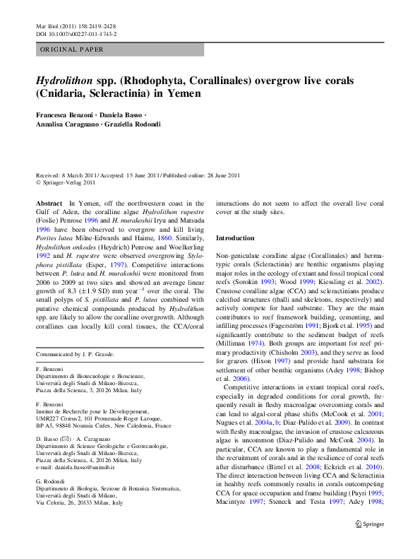 (PDF) Hydrolithon spp. (Rhodophyta, Corallinales) overgrow live corals ...