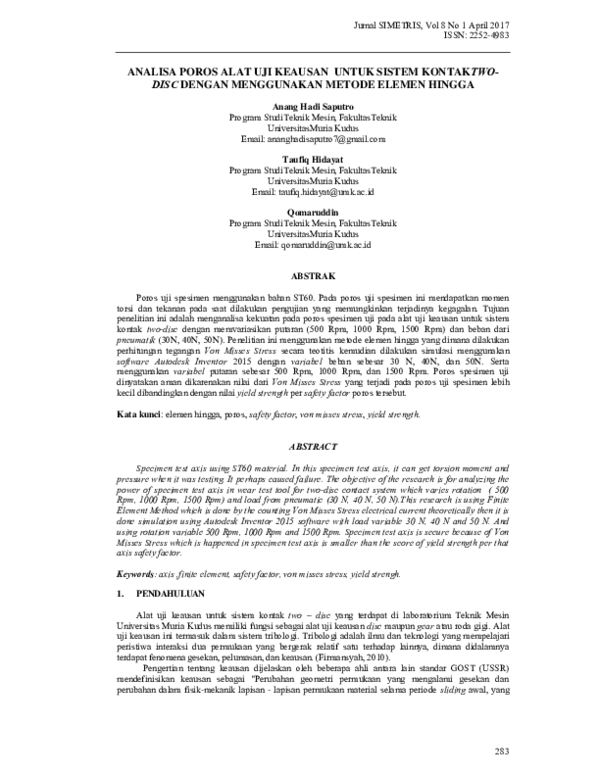 (PDF) Analisa Poros Alat Uji Keausan Untuk Sistem Kontak Two-Disc ...