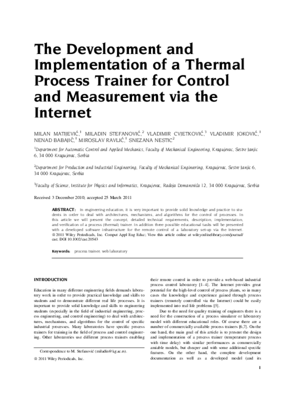 (PDF) The development and implementation of a thermal process trainer ...