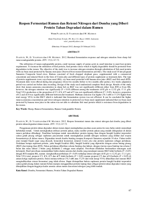 (PDF) Ruminal fermentation response and nitrogen retention from sheep fed rumen undegradable protein