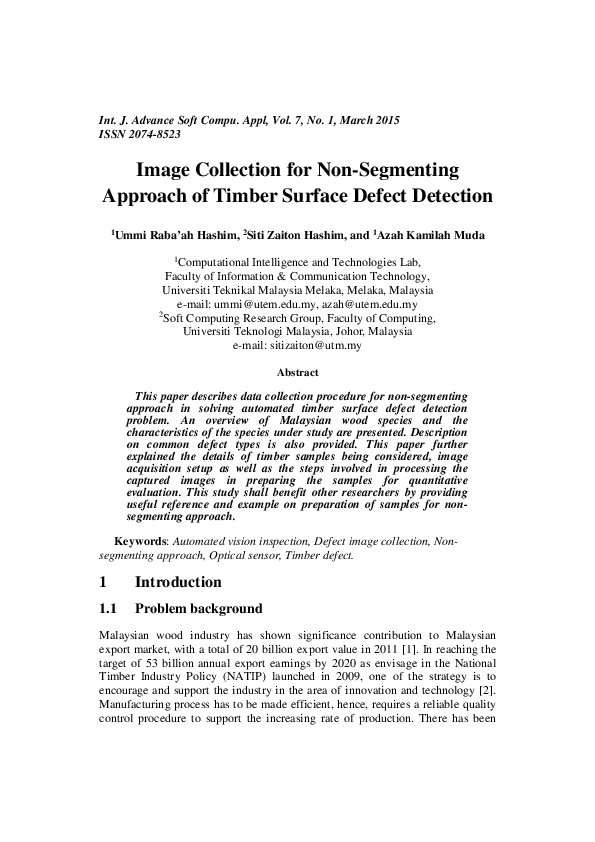 (PDF) Image Collection for Non-Segmenting Approach of Timber Surface Defect Detection