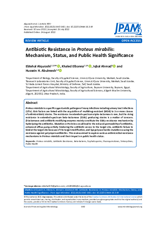 (PDF) Antibiotic Resistance in Proteus mirabilis: Mechanism, Status ...