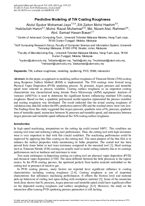 (PDF) Predictive Modeling of TiN Coating Roughness