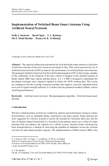 Pdf Implementation Of Switched Beam Smart Antenna Using Artificial Neural Network