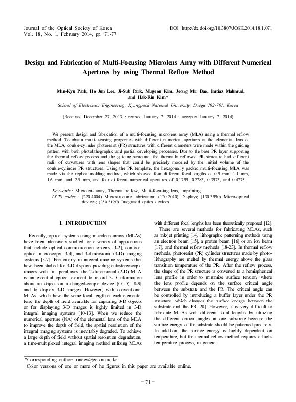 Pdf Design And Fabrication Of Multi Focusing Microlens Array With Different Numerical