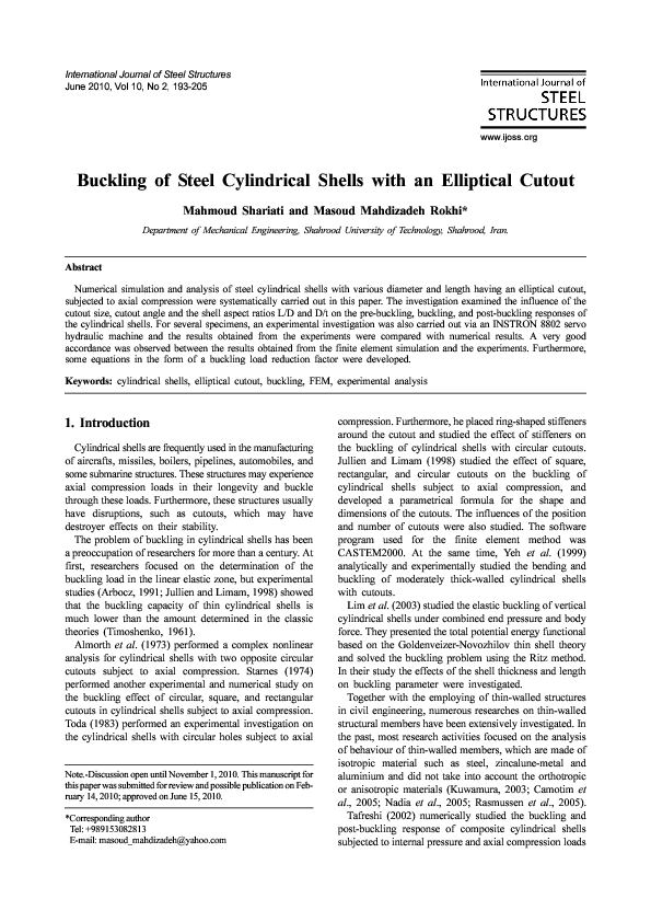 (PDF) Buckling of steel cylindrical shells with an elliptical cutout