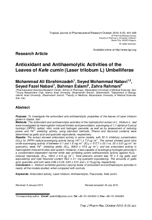 (PDF) Research Article Antioxidant and Antihaemolytic Activities of the