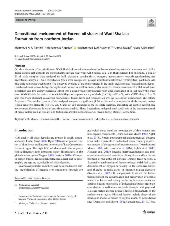 (PDF) Depositional environment of Eocene oil shales of Wadi Shallala ...