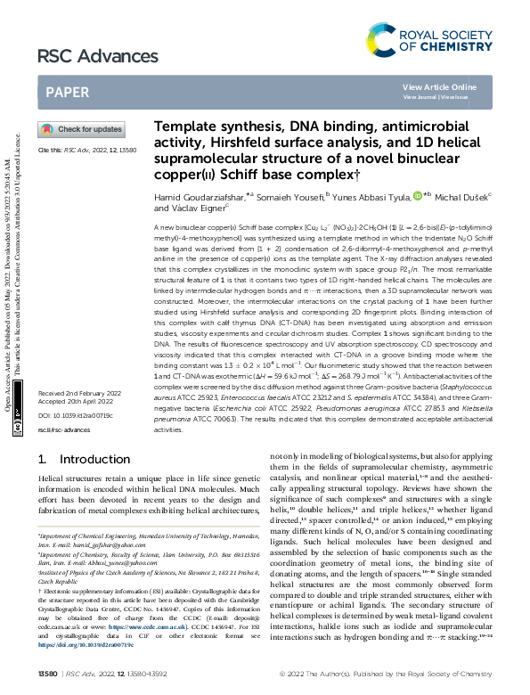 (PDF) Template synthesis, DNA binding, antimicrobial activity, Hirshfeld surface analysis, and ...