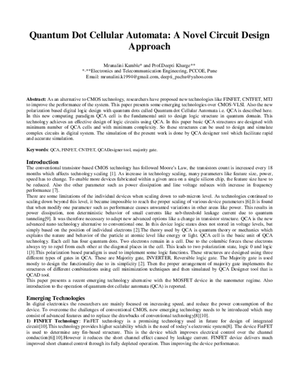 Pdf Quantum Dot Cellular Automata A Novel Circuit Design Approach