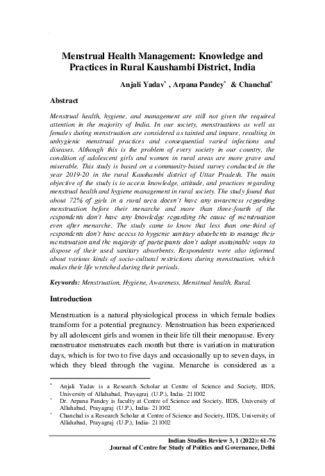 (PDF) Menstrual Health Management: Knowledge and Practices in Rural ...