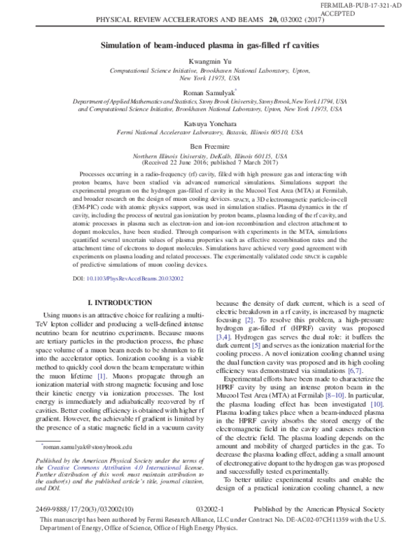(PDF) Simulation of beam-induced plasma in gas-filled rf cavities