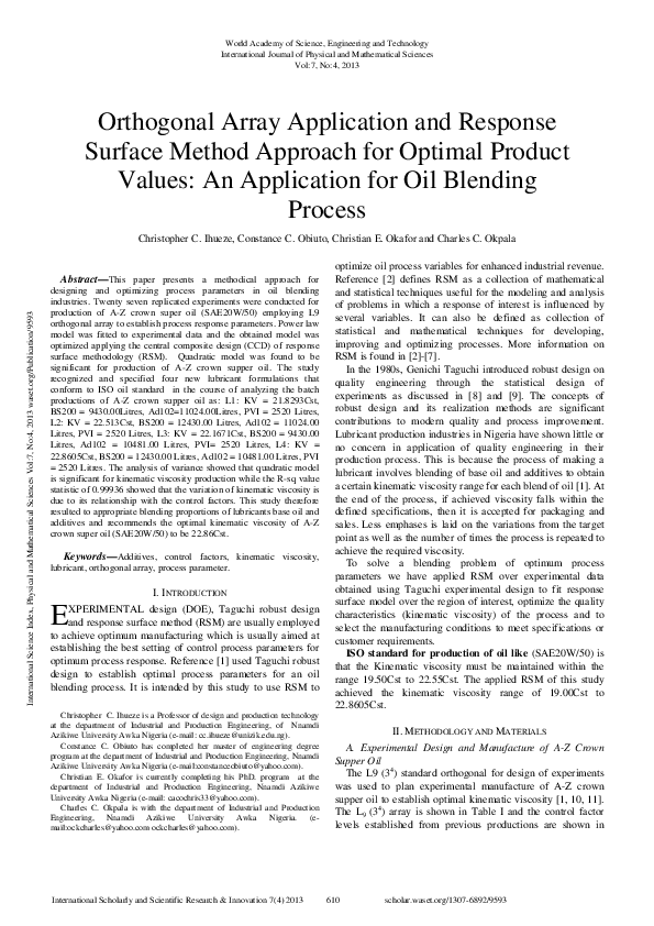 Pdf Orthogonal Array Application And Response Surface Method Approach For Optimal Product