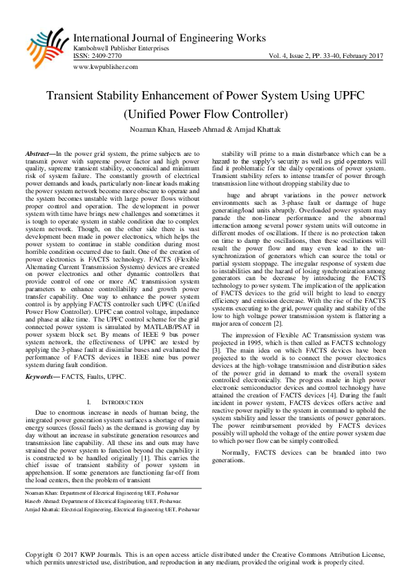 (PDF) Transient Stability Enhancement of Power System Using UPFC (Unified Power Flow Controller)