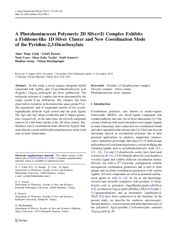 (PDF) A Photoluminescent Polymeric 2D Silver(I) Complex Exhibits a Fishbone-like 1D Silver ...