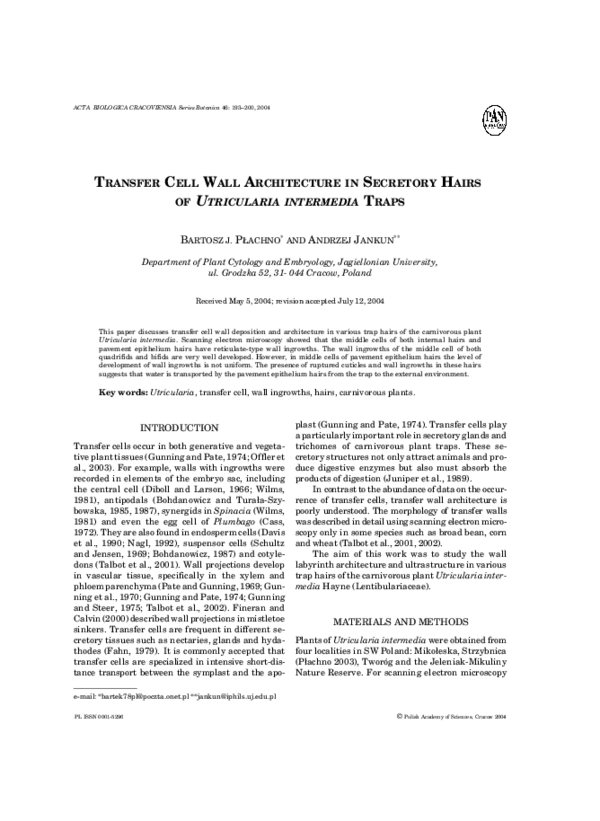 (PDF) Transfer cell wall architecture in secretory hairs of Utricularia ...