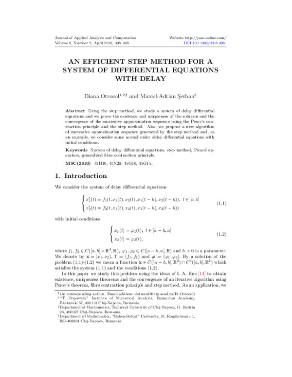 Pdf An Efficient Step Method For A System Of Differential Equations With Delay