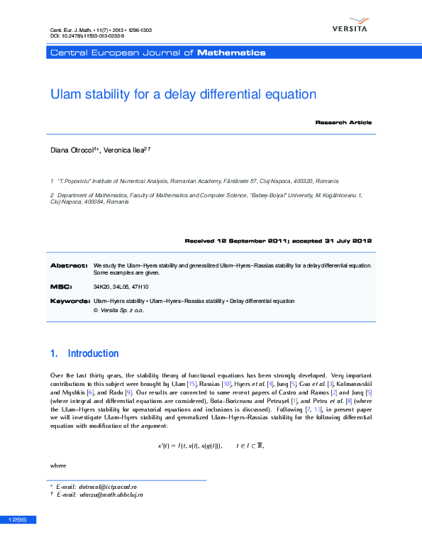 (PDF) Ulam stability for a delay differential equation