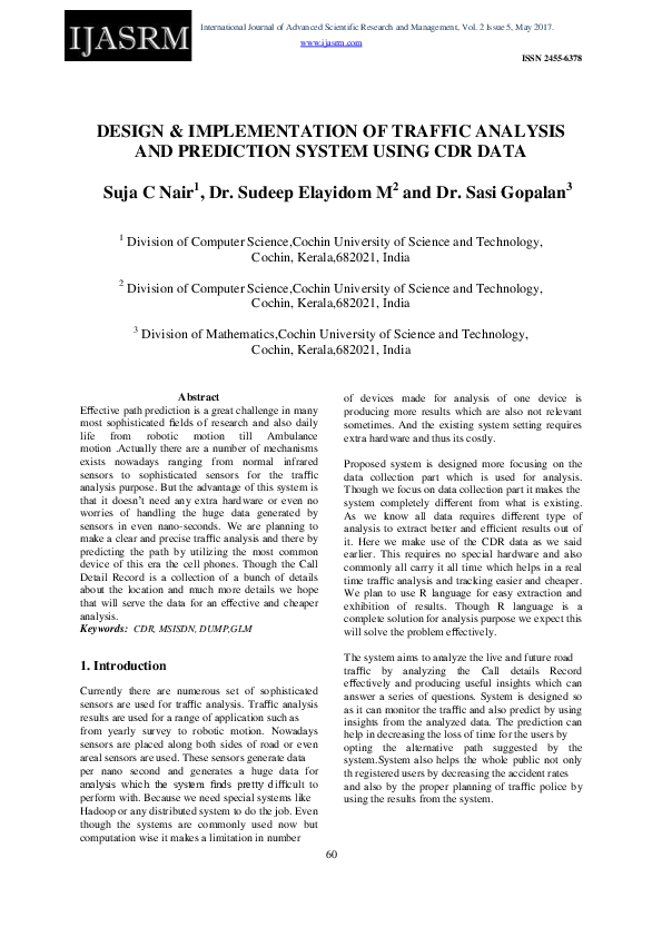 (PDF) Design & Implementation of Traffic Analysis and Prediction System Using CDR Data