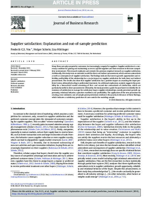 (PDF) Supplier satisfaction: Explanation and out-of-sample prediction