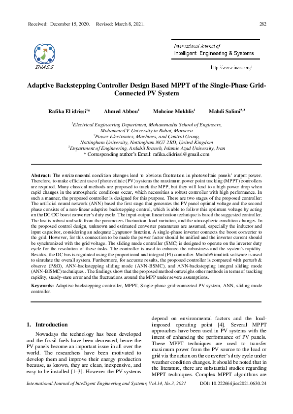 (PDF) Adaptive Backstepping Controller Design Based MPPT of the Single-Phase GridConnected PV System