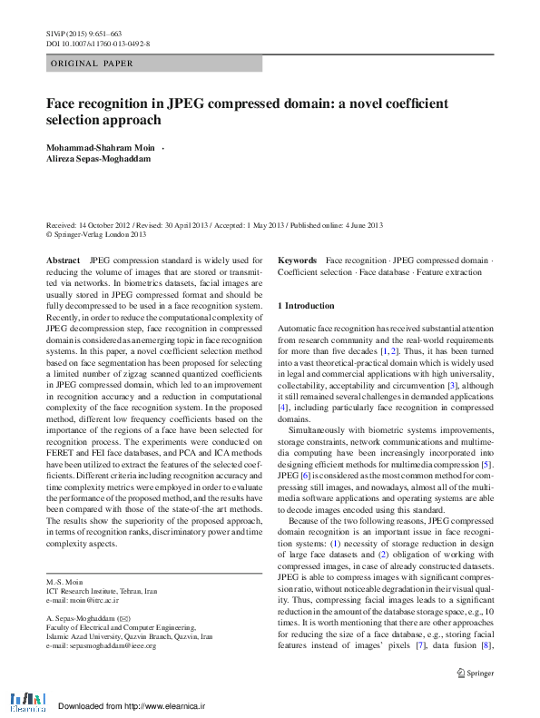 Pdf Face Recognition In Jpeg Compressed Domain A Novel Coefficient Selection Approach