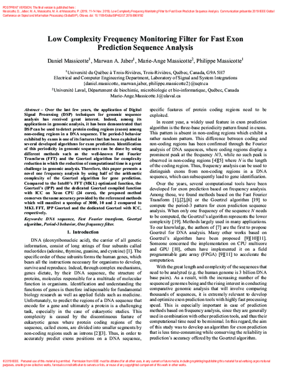 (PDF) Low Complexity Frequency Monitoring Filter for Fast Exon Prediction Sequence Analysis