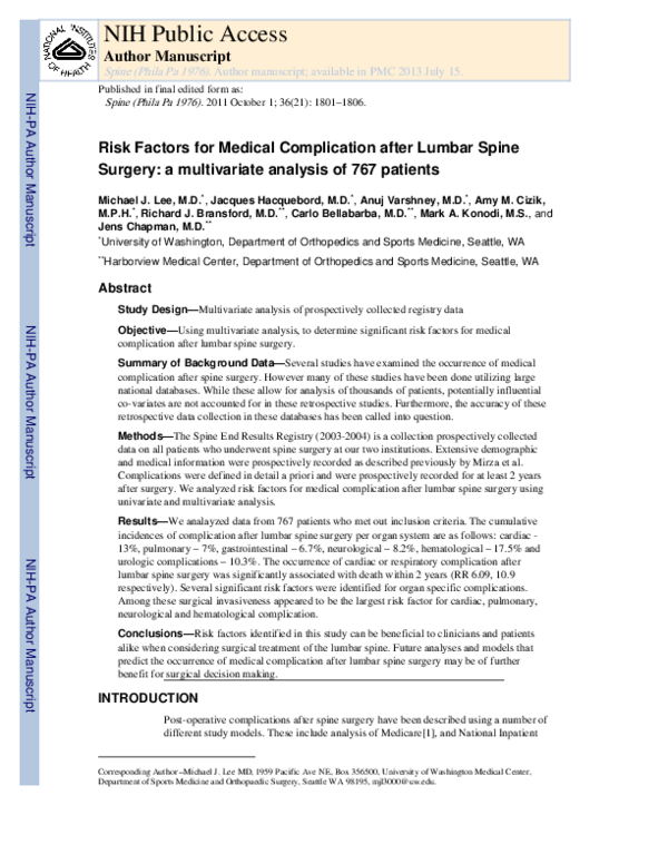 (PDF) Risk Factors for Medical Complication After Lumbar Spine Surgery