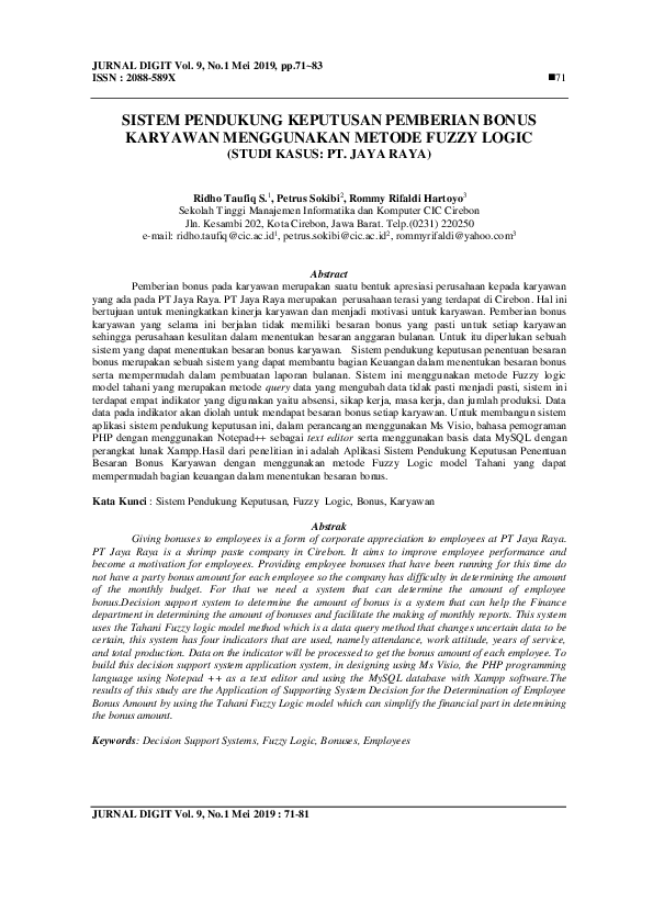 (PDF) Sistem Pendukung Keputusan Pemberian Bonus Karyawan Menggunakan Metode Fuzzy Logic (Studi ...