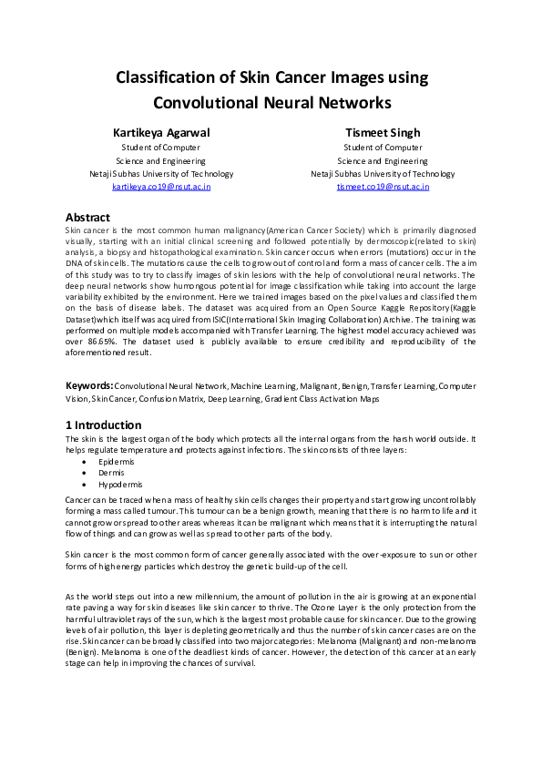 (PDF) Classification of Skin Cancer Images Using Convolutional Neural Networks