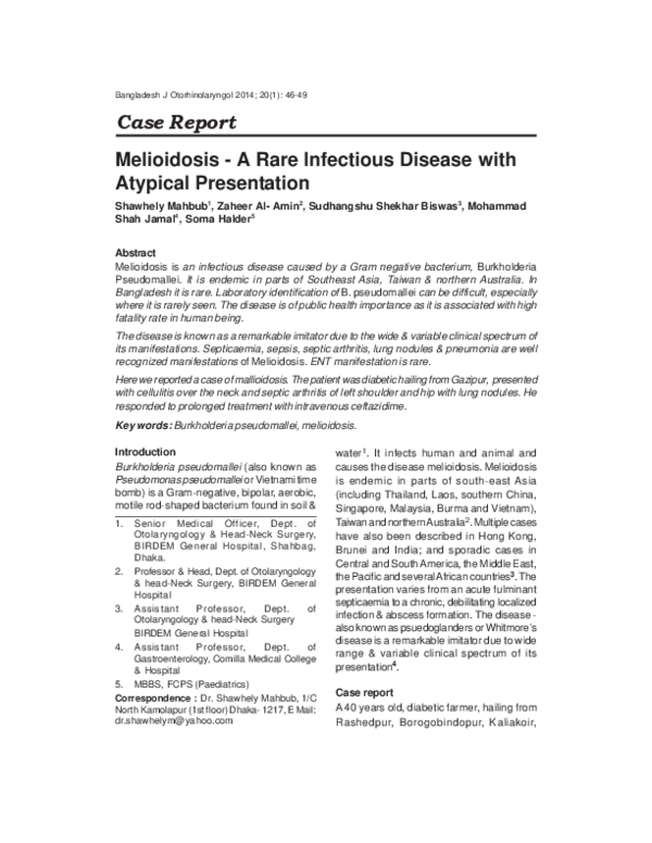 (PDF) Melioidosis - A Rare Infectious Disease with Atypical Presentation