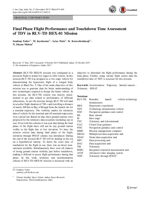 (PDF) Final Phase Flight Performance and Touchdown Time Assessment of TDV in RLV-TD HEX-01 Mission