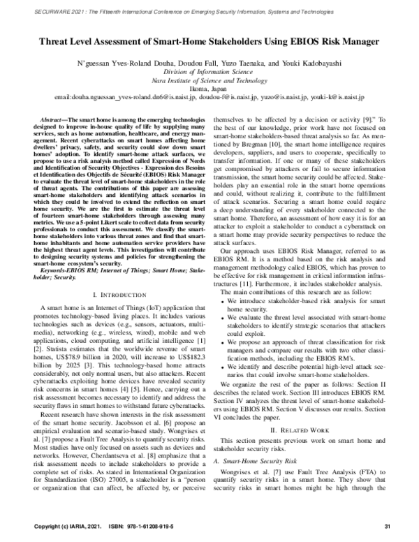 (PDF) Threat Level Assessment of Smart-Home Stakeholders Using EBIOS ...