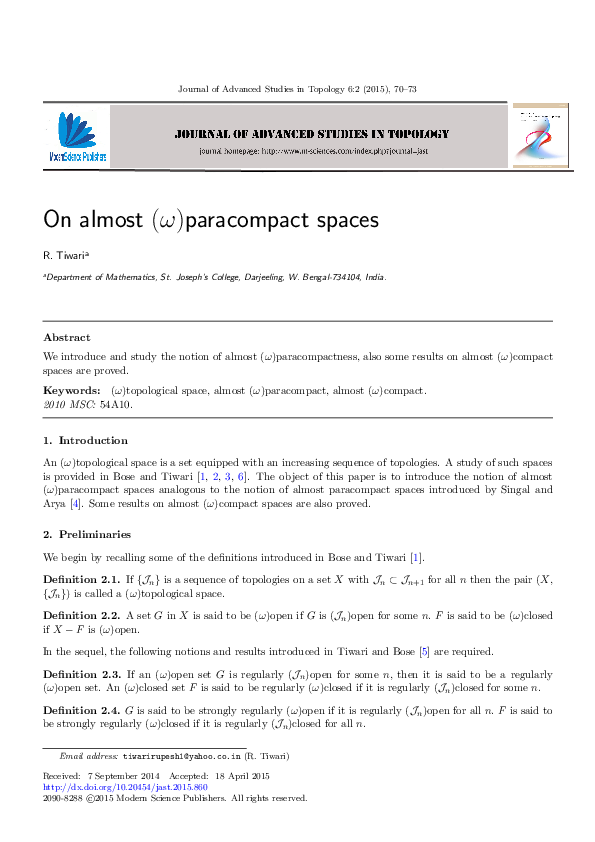 (PDF) On almost \((\omega)\) paracompact spaces