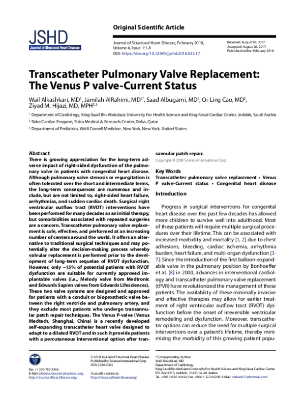 (PDF) Transcatheter Pulmonary Valve Replacement: The Venus P valve ...
