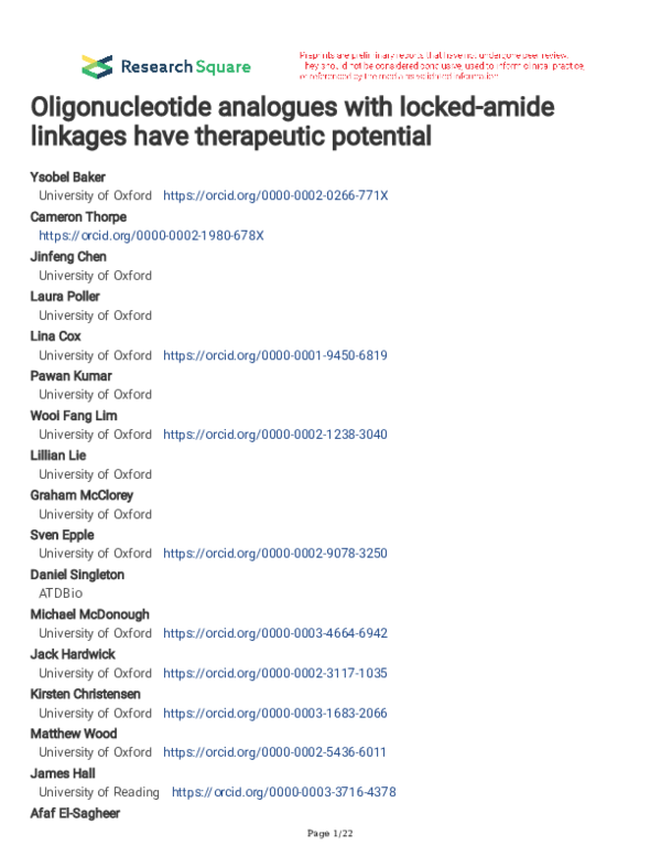 (PDF) Oligonucleotide analogues with locked-amide linkages have ...