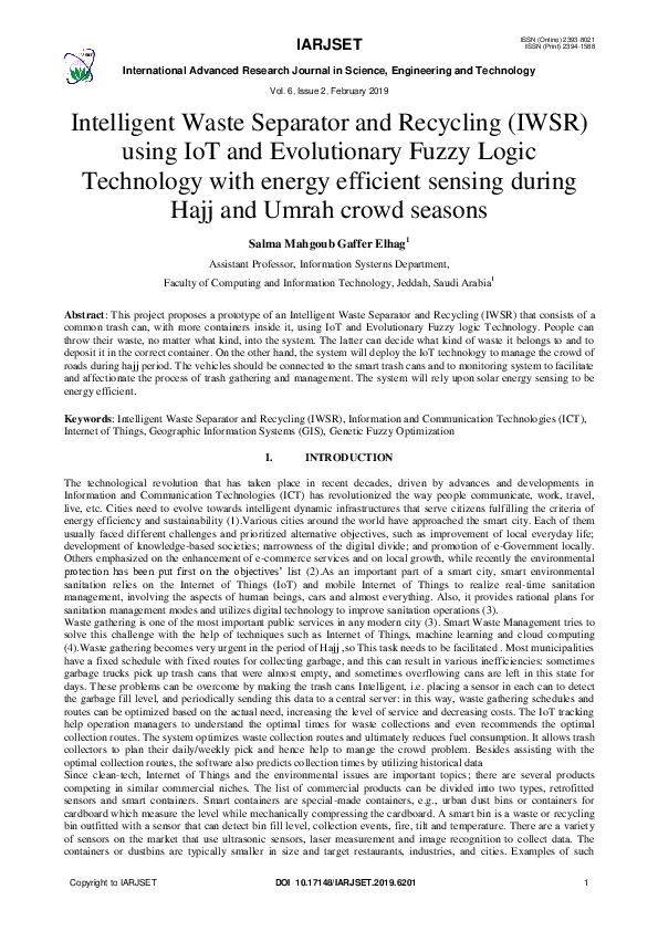 (PDF) Intelligent Waste Separator and Recycling (IWSR) using IoT and Evolutionary Fuzzy Logic ...