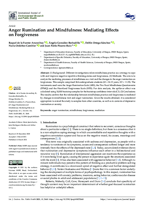 (PDF) Anger Rumination and Mindfulness: Mediating Effects on Forgiveness